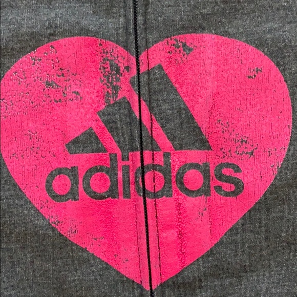 adidas | Jackets & Coats | Adidas Dark Grey Jacket With Pink Heart ...